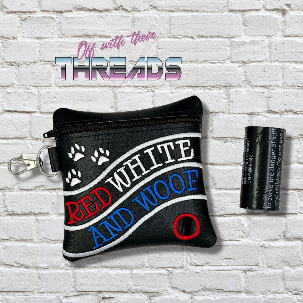 DIGITAL DOWNLOAD 5x5 Applique Red White and Woof Poo Bag ITH Zipper Ba ...